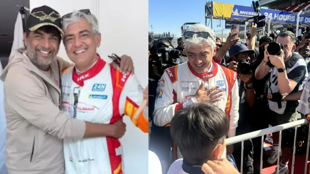 Ajith Kumar waves Indian flag after his win at Dubai car racing event ...
