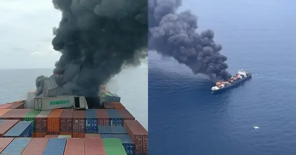 Cargo ship catches fire off Beypore coast, 40 containers fall into sea
