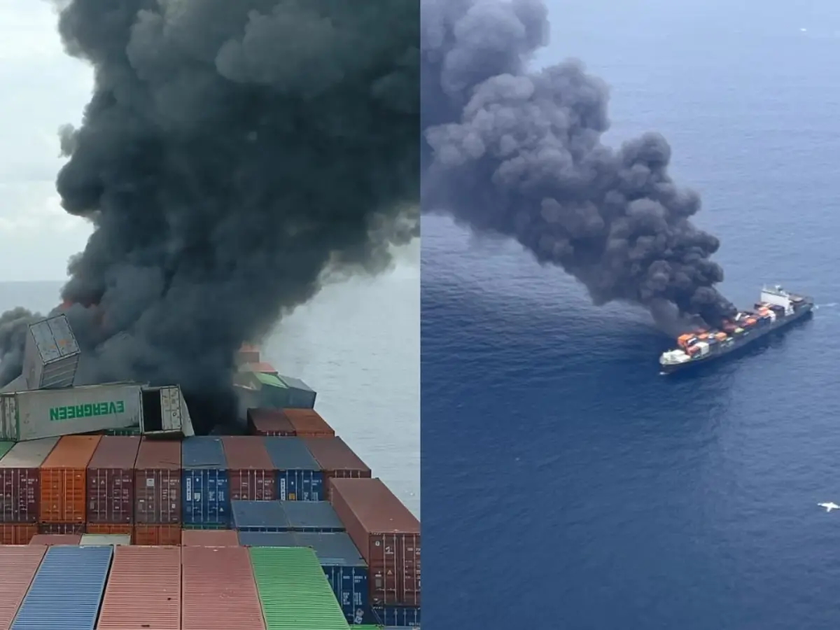 Cargo ship catches fire off Beypore coast, 40 containers fall into sea
