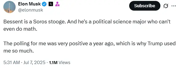 Musk calls Bessent 'Soros stooge' over his 'business, not his political ...