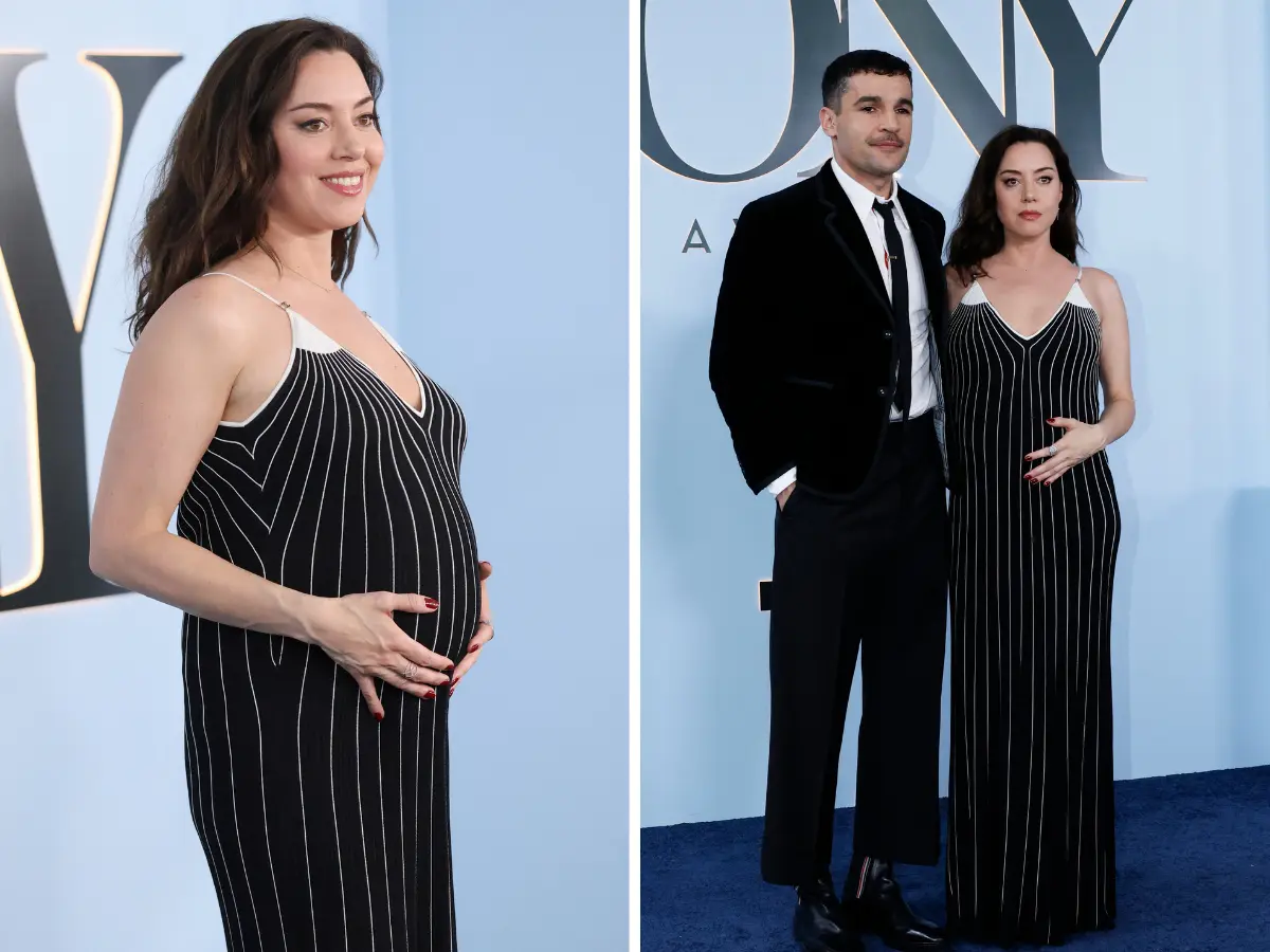 Aubrey Plaza flaunts baby bump as she make her red carpet debut with ...